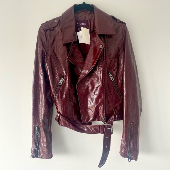 Vigoss | Jackets & Coats | Vigoss Dark Red Faux Patent Leather Motorcycle Jacket | Poshmark